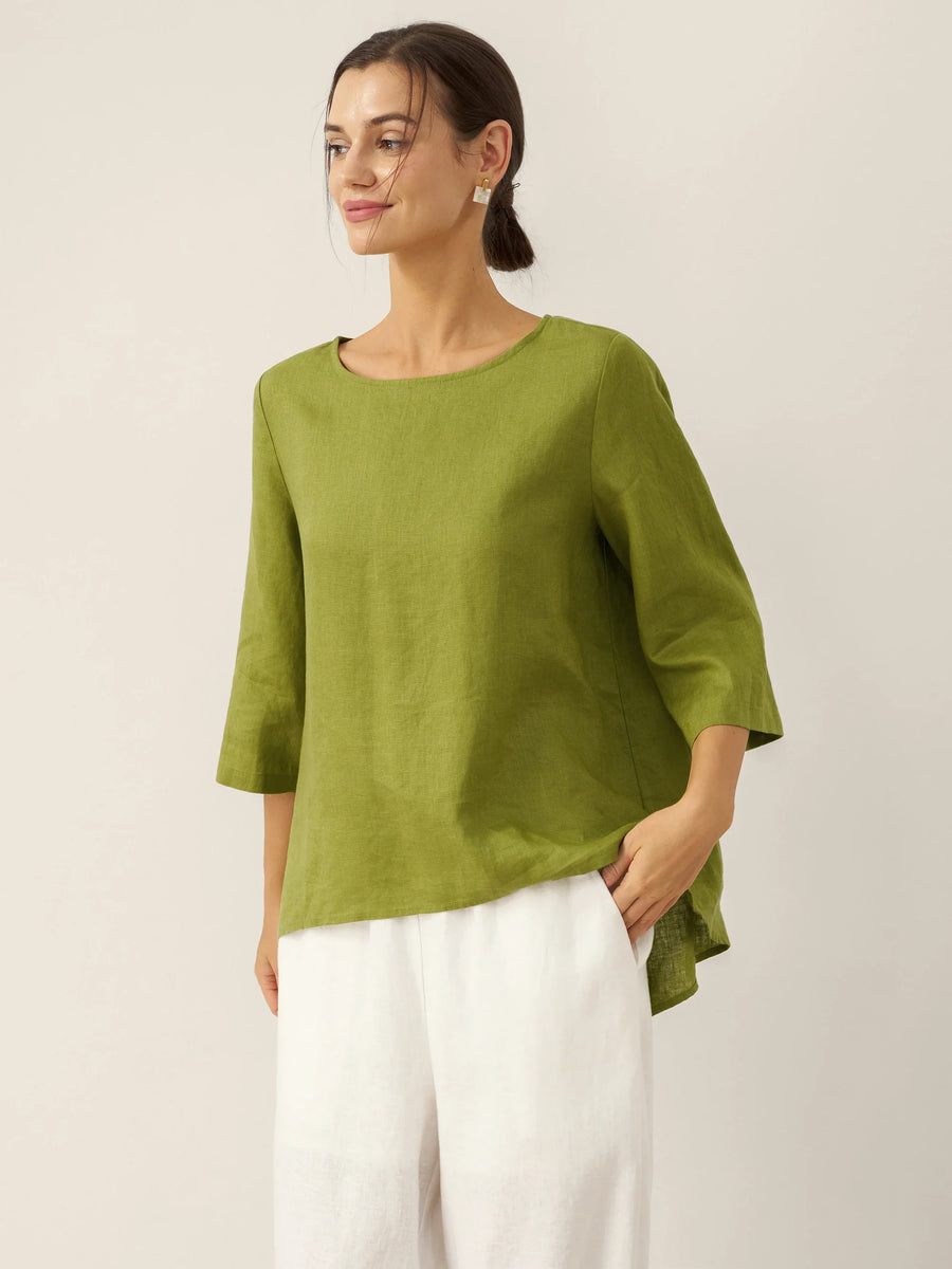 Evelyn | bequemes Leinen-Top mit asymmetrischem Saum und Rundhals – Sadaro
